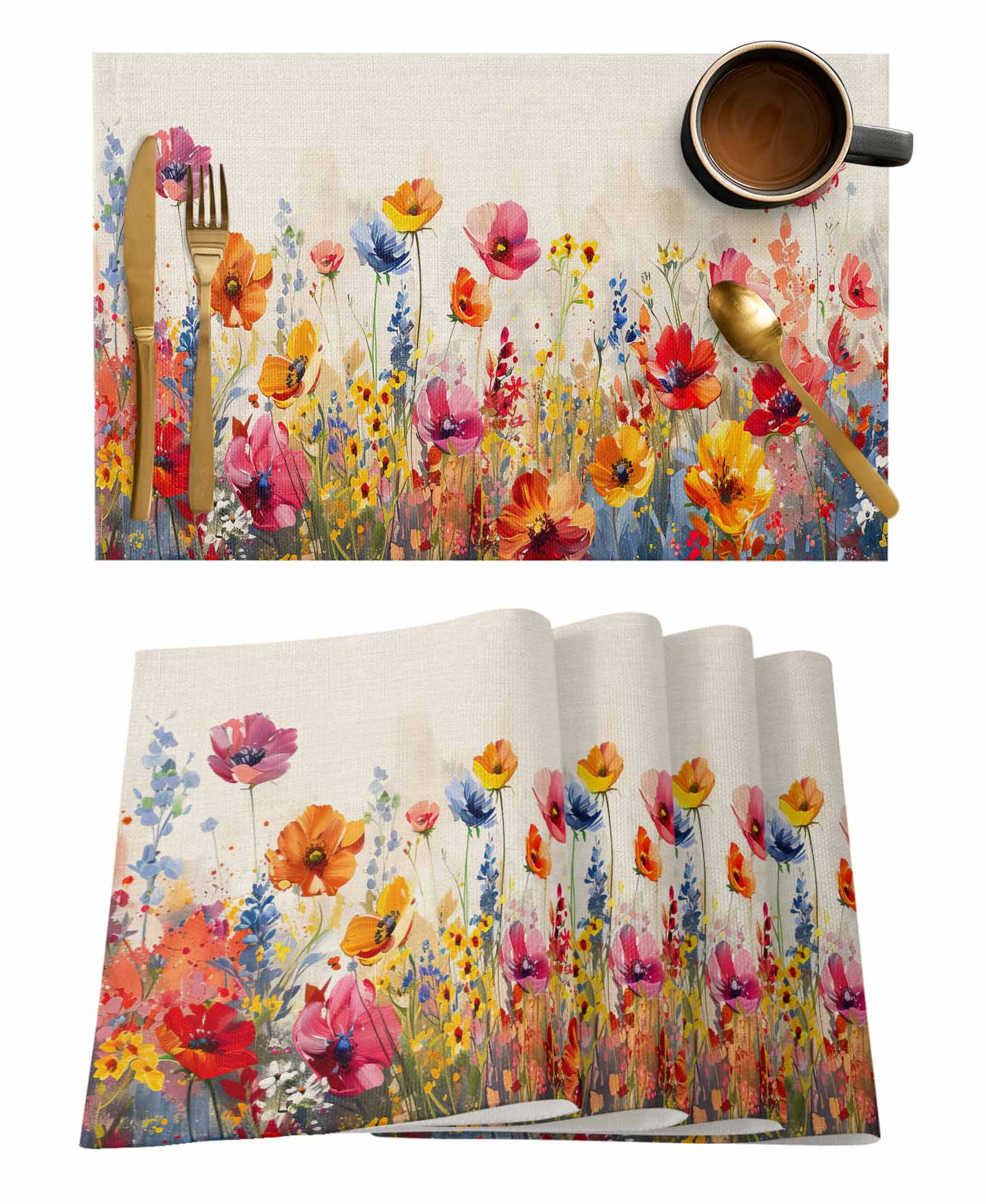 Pastoral Botanical Placemats Set of 6, Watercolor Spring Summer Flowers ...