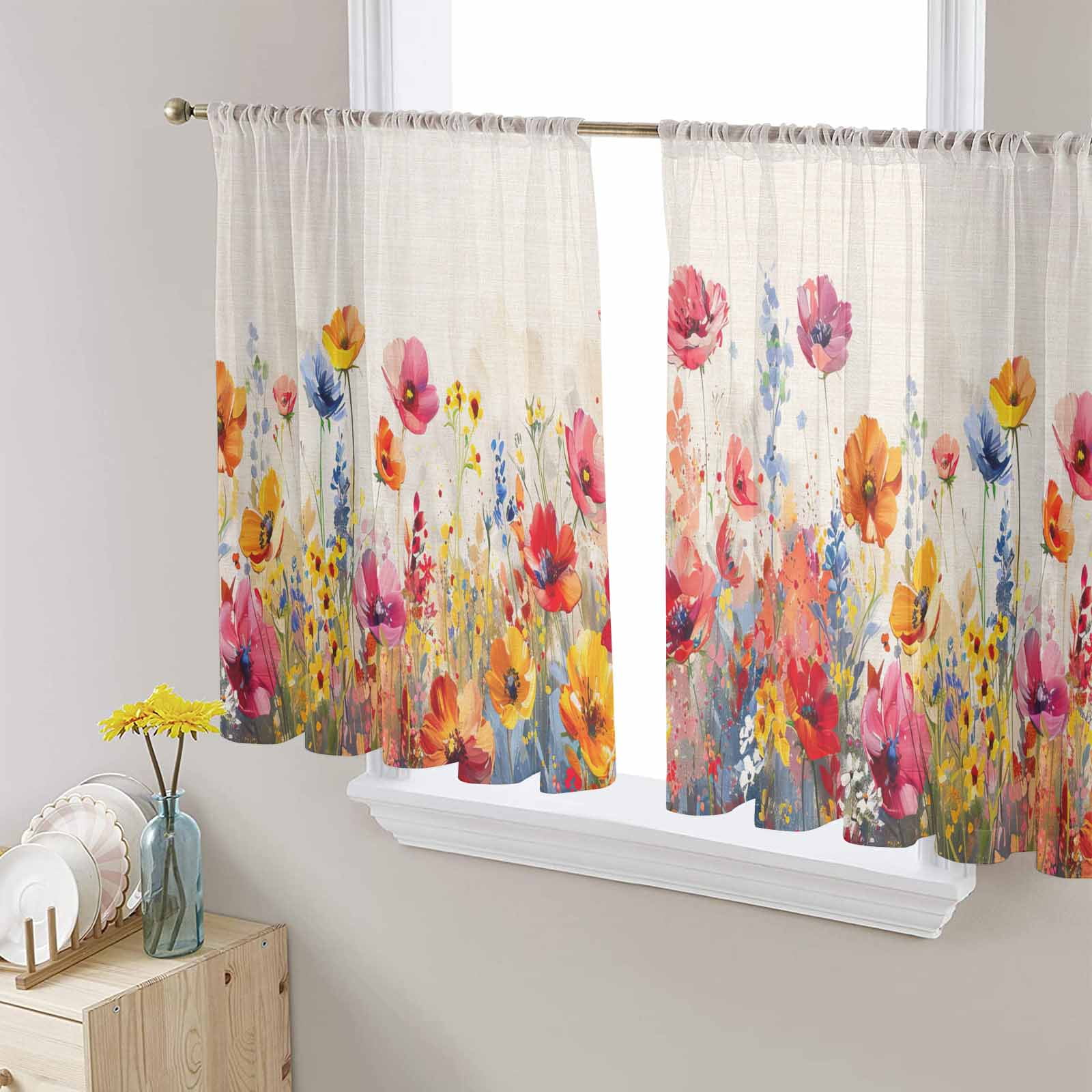 Pastoral Botanical Semi Sheer Curtains 45 Inch Length 2 Panels Set ...