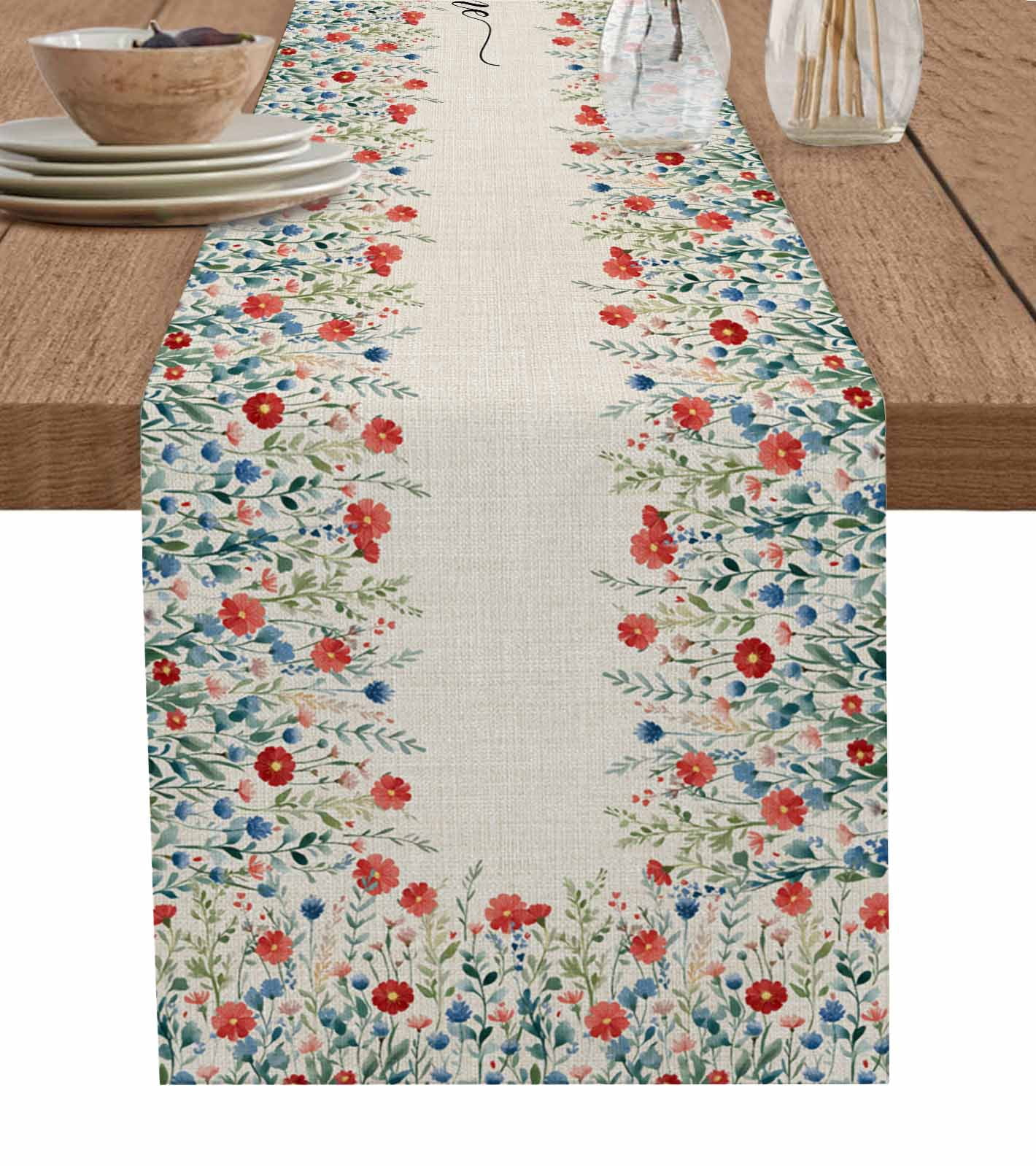 Pastoral Botanical Table Runner 108 Inches, Rustic Watercolor Blue Red ...