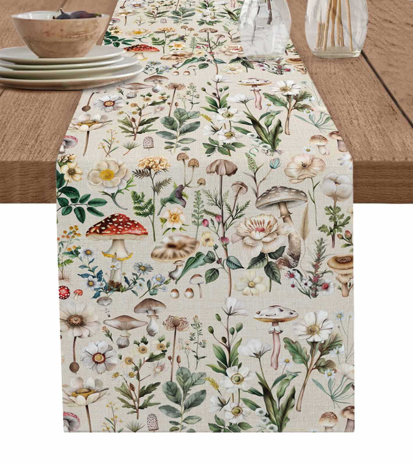 Pastoral Botanical Table Runner Vintage Mushroom Spring Summer Flowers ...