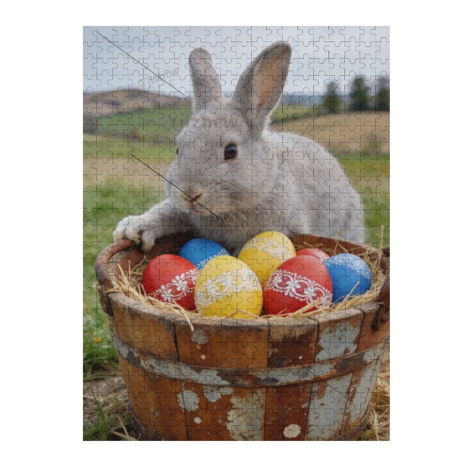 Pastoral Bunny with Painted Eggs in Rustic Bucket Wooden Jigsaw Puzzle ...
