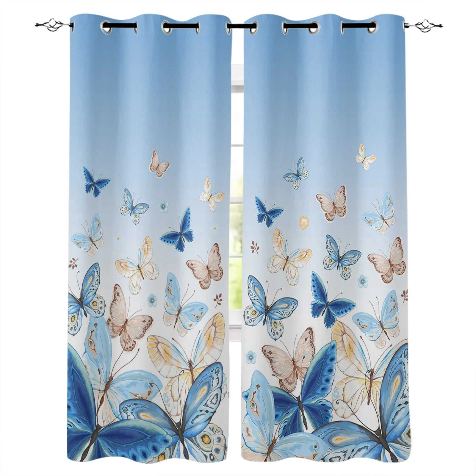 Pastoral Butterfly Blue Gradient Modern Hall Curtains for Living Room ...