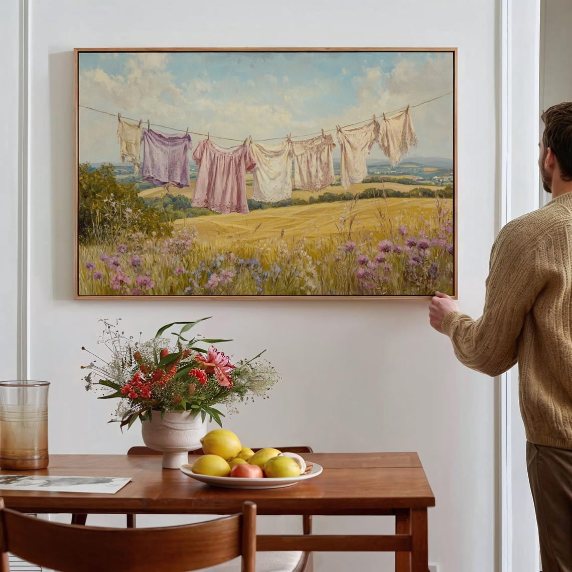 Pastoral Clothesline Art - Vintage Laundry And Wildflowers In Golden ...