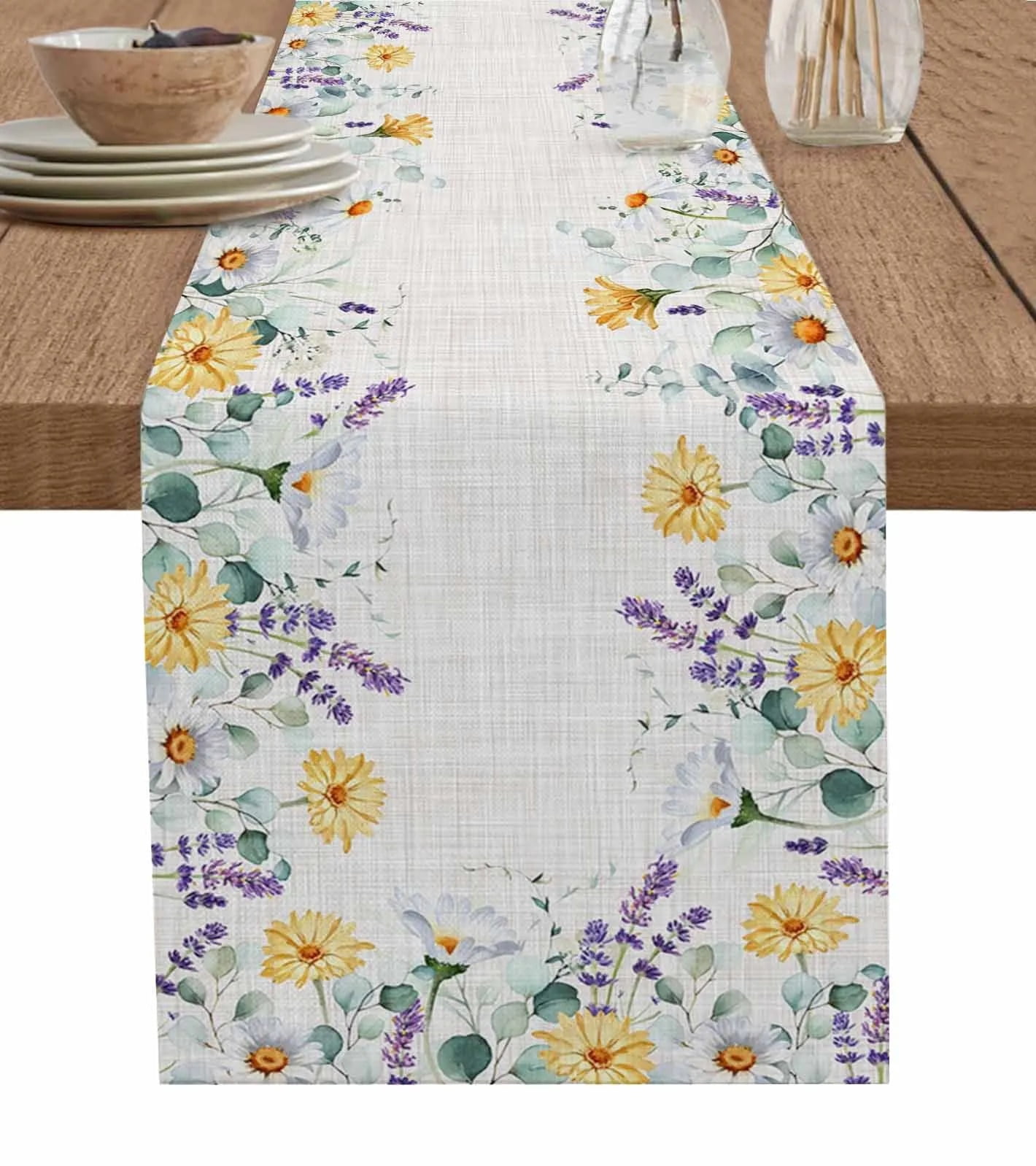 Pastoral Eucalyptus Lavender Flower Plant Table Runner Coffee ...