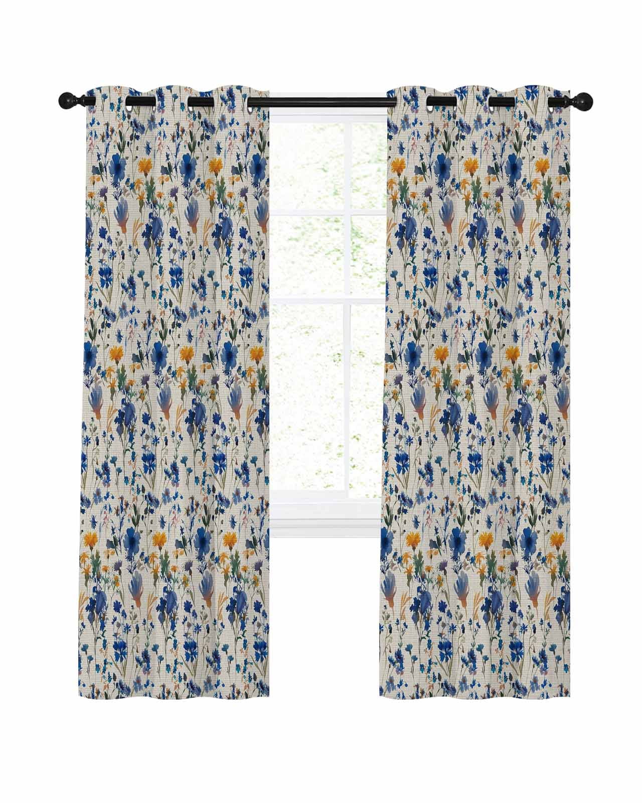 Pastoral Floral Blackout Curtains 84 Inch Length Watercolor Blue Yellow ...