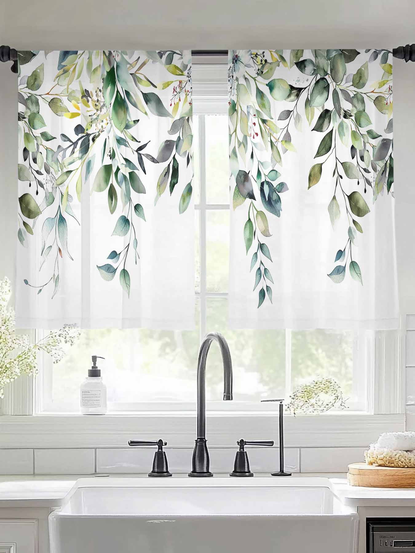 Pastoral Floral Plant Sheer Curtains 45 inches Long 2 Panels Set Sage ...