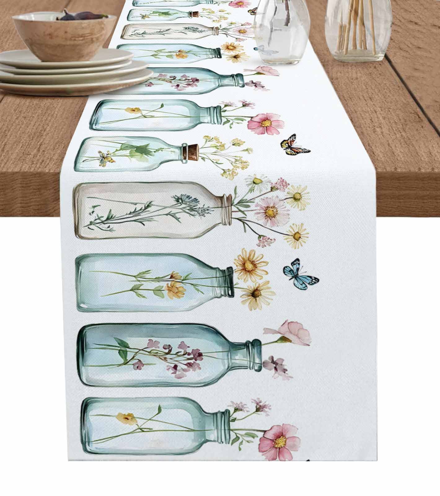 Pastoral Floral Table Runner 72 Inches, Colorful Flowers Butterflies ...