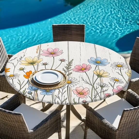 Pastoral Flower Leaf Round Fitted Tablecloth with Elastic Edge ...