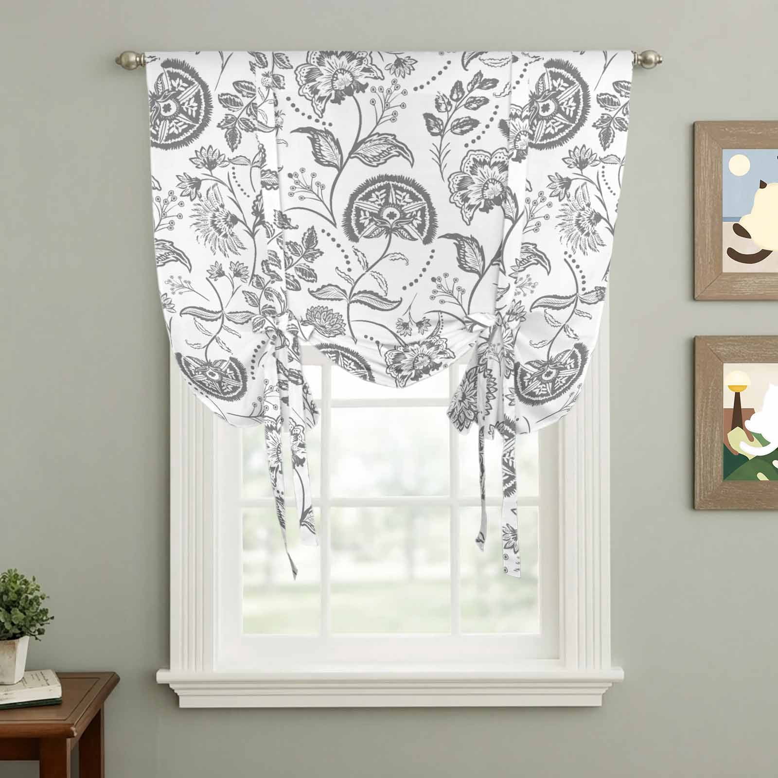Pastoral Flower Tie Up Curtain 45 Inches Long, Dark Grey Flower Farm ...