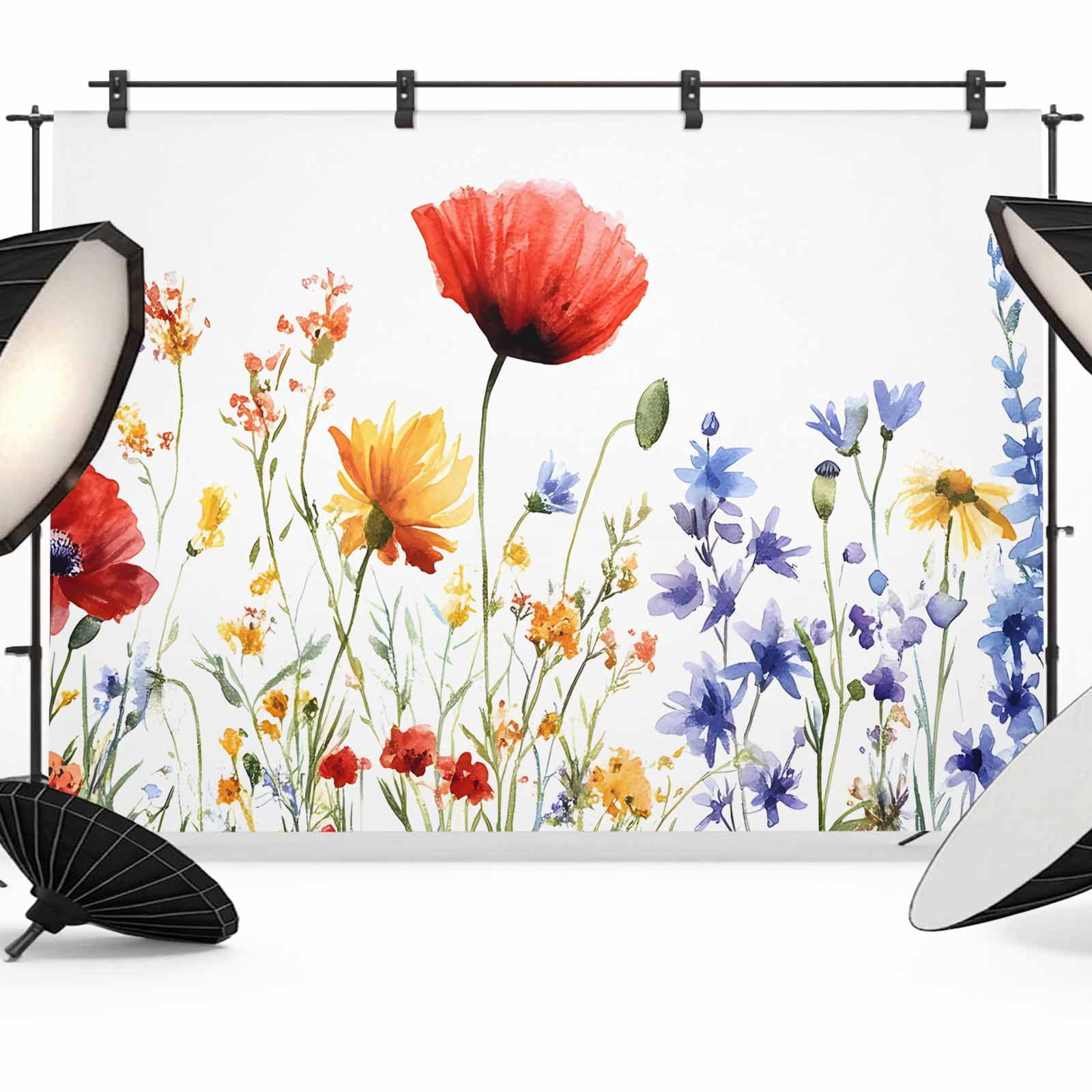 Pastoral Flowers Backdrop for Photography, Watercolor Colorful Plants ...