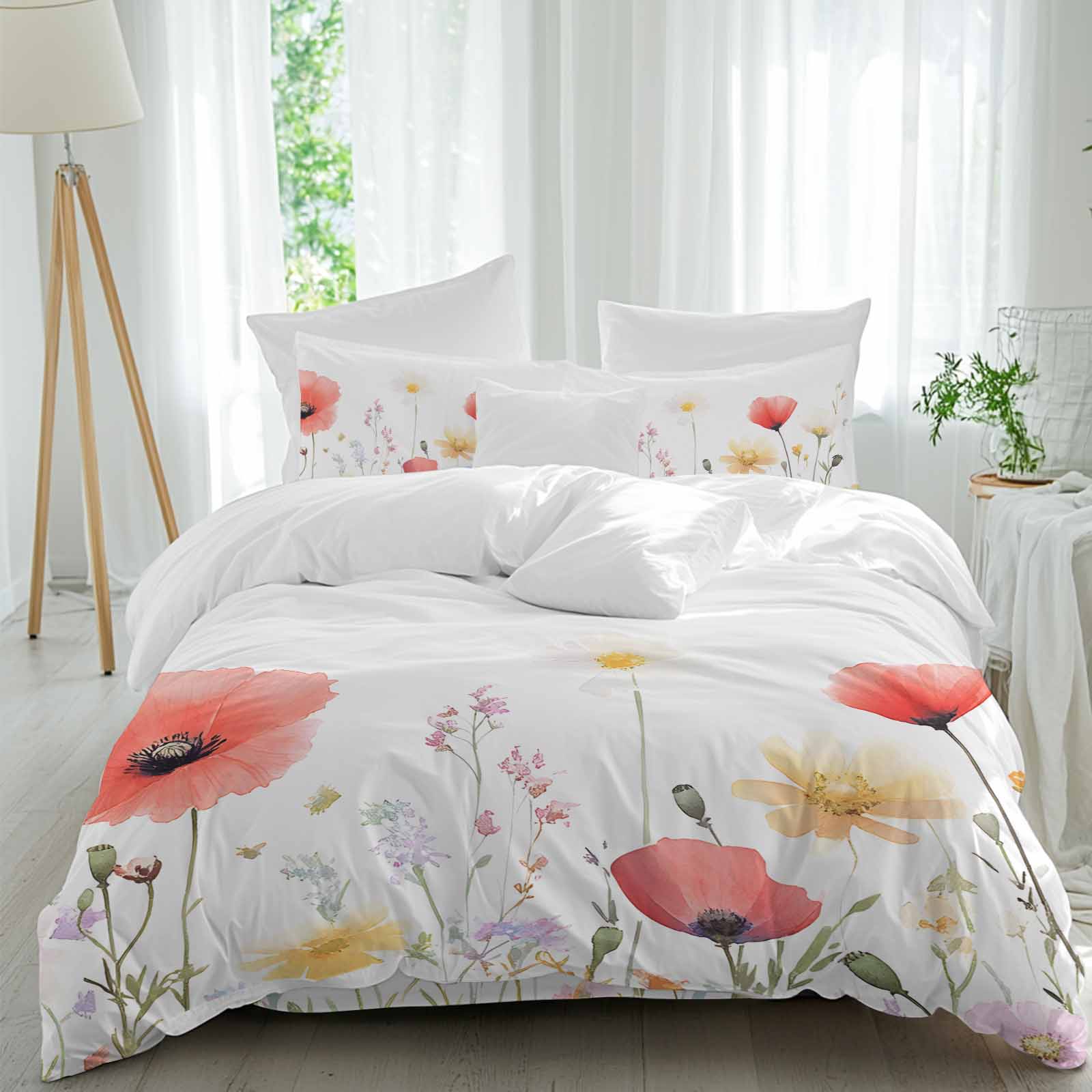 Pastoral Flowers Duvet Cover Set King Size, Colorful Floral Leaves ...