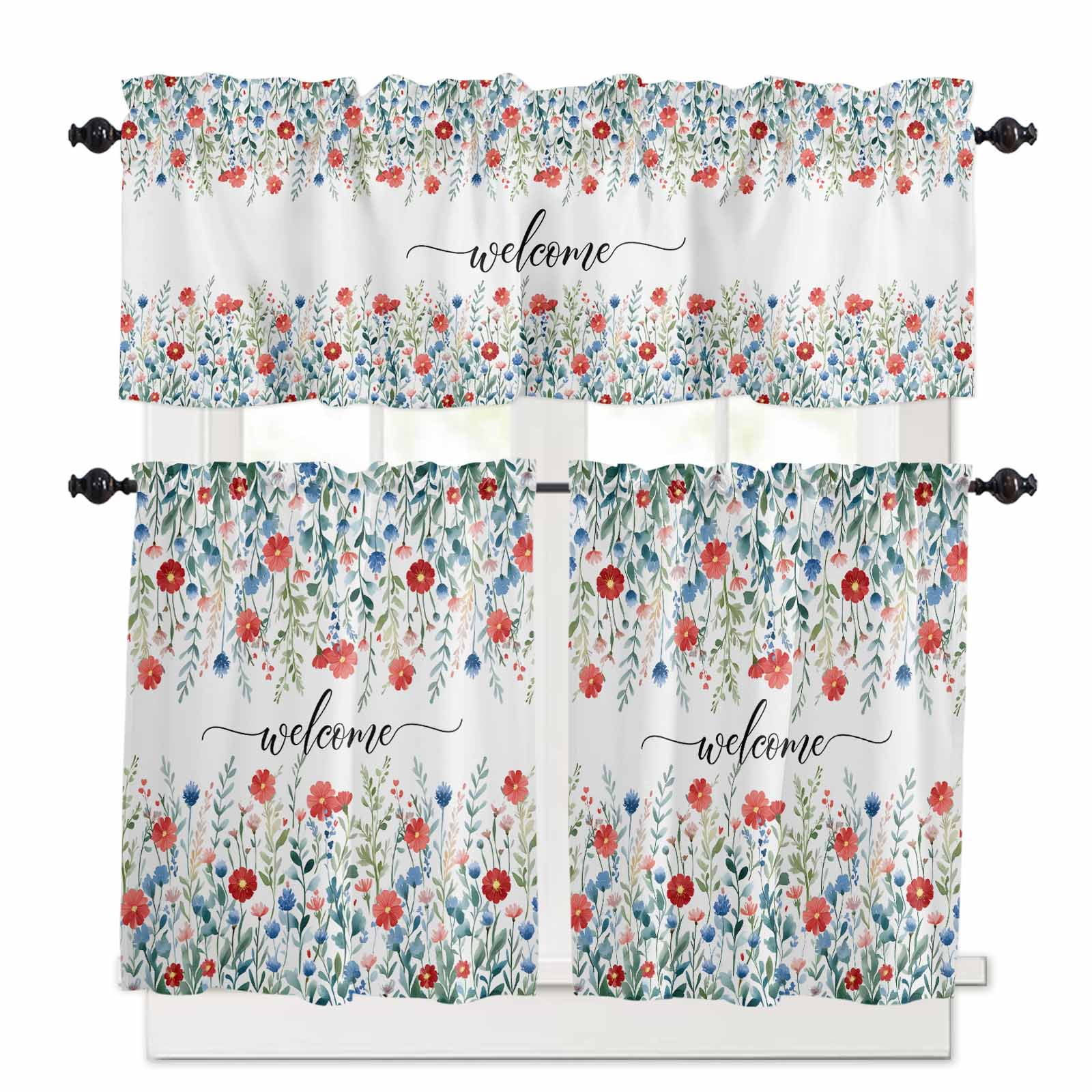 Pastoral Flowers Kitchen Curtains Valance and Tier Set Red Flower Green ...