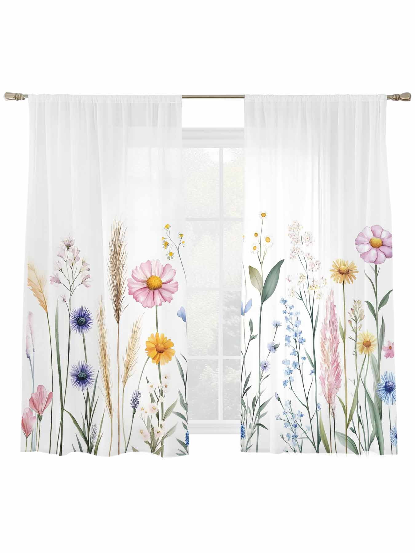 Pastoral Flowers Sheer Curtains 2 Panels Set Colorful Retro Wildflowers ...