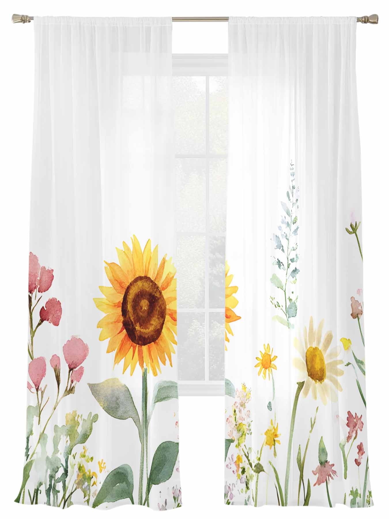Pastoral Flowers Sheer Curtains 2 Panels Set Sunflower Plants Leaves ...
