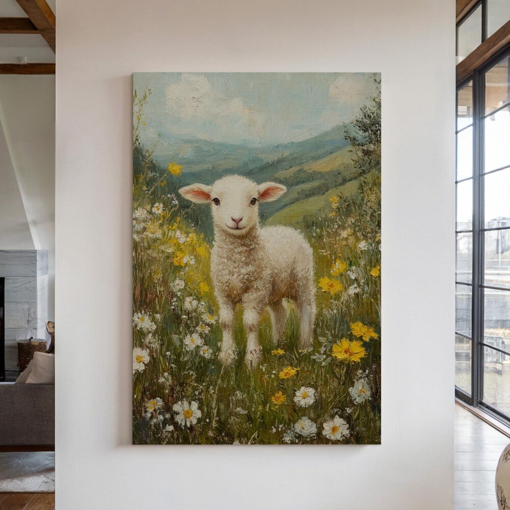 Pastoral Lamb In Wildflower Field Poster Art Rustic Farmhouse Wall ...