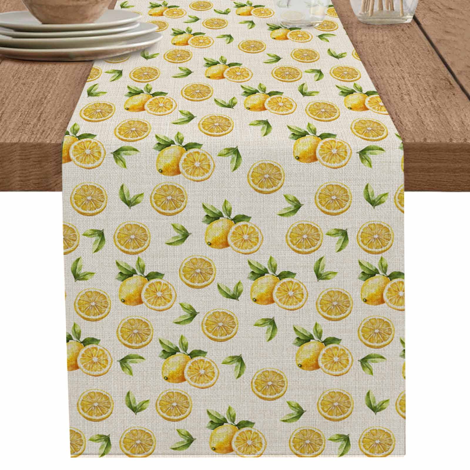 Pastoral Lemon Green Leaves on Linen Table Runner-36 Inch Long ...
