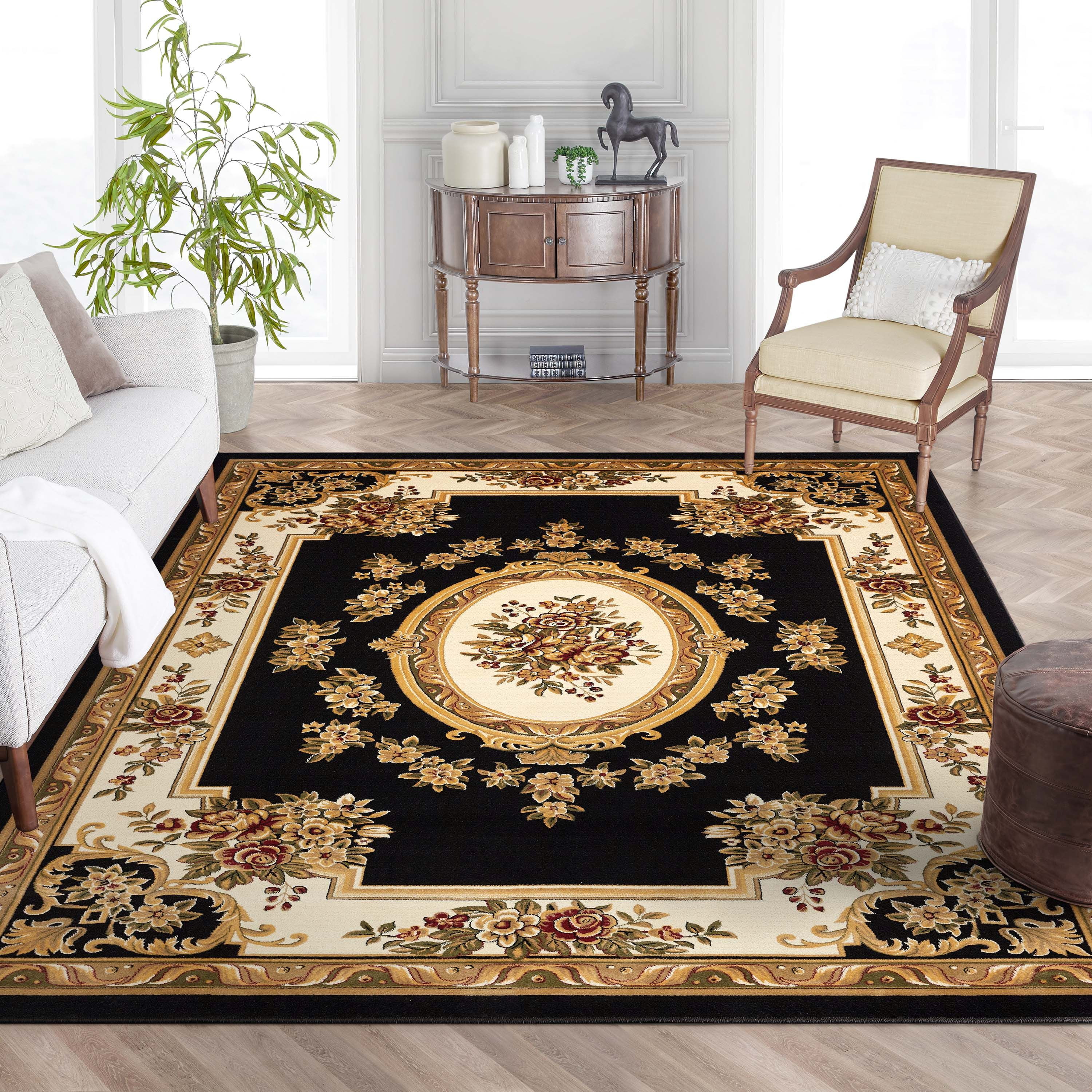 Pastoral Medallion Black French Area Rug European Formal Traditional ...