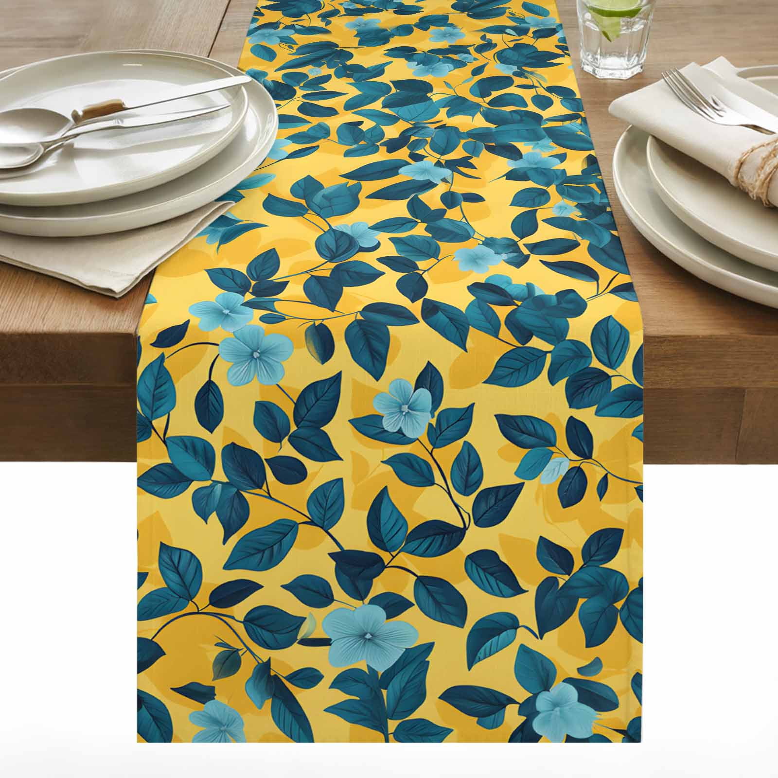 Pastoral Plant Cotton Linen Table Runner Blue Flowers Navy Leaf Yellow ...