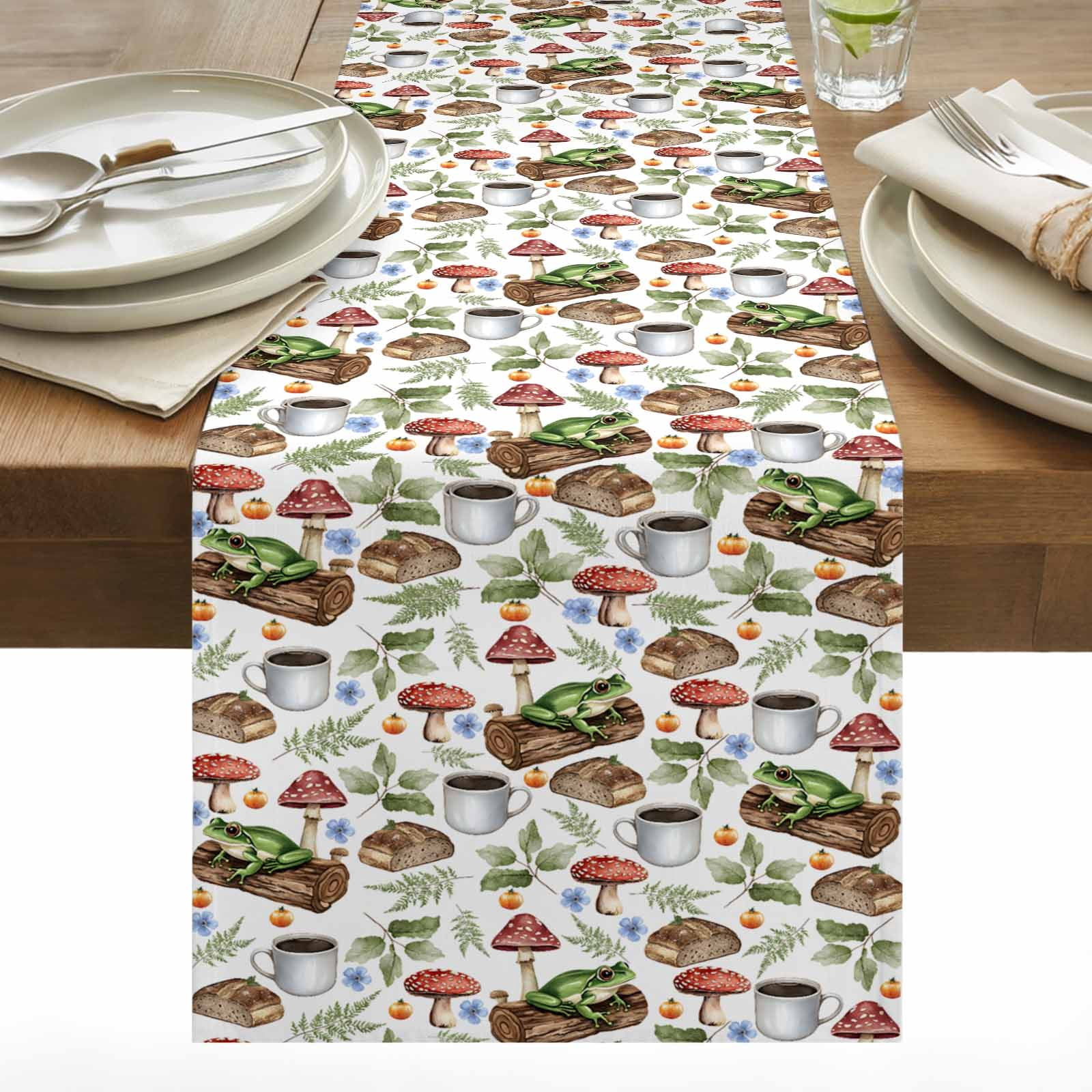 Pastoral Plant Cotton Linen Table Runner Mushroom Frog Coffee White ...