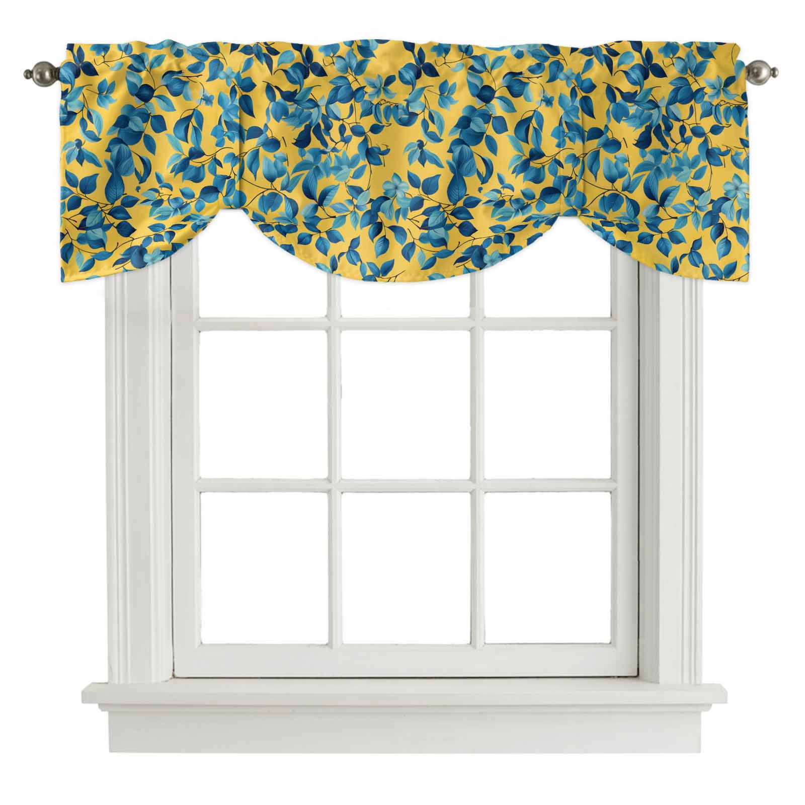 Pastoral Plant Tie Up Valance for Windows, Blue Leaf Branch Yellow ...