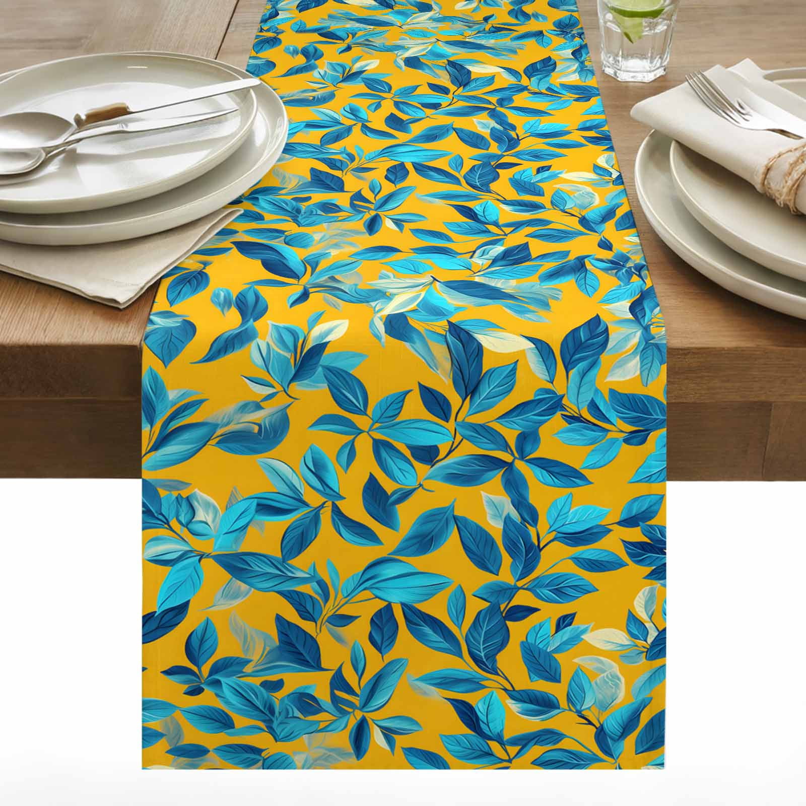 Pastoral Plants Cotton Linen Table Runner Blue Leaves Simple Yellow ...