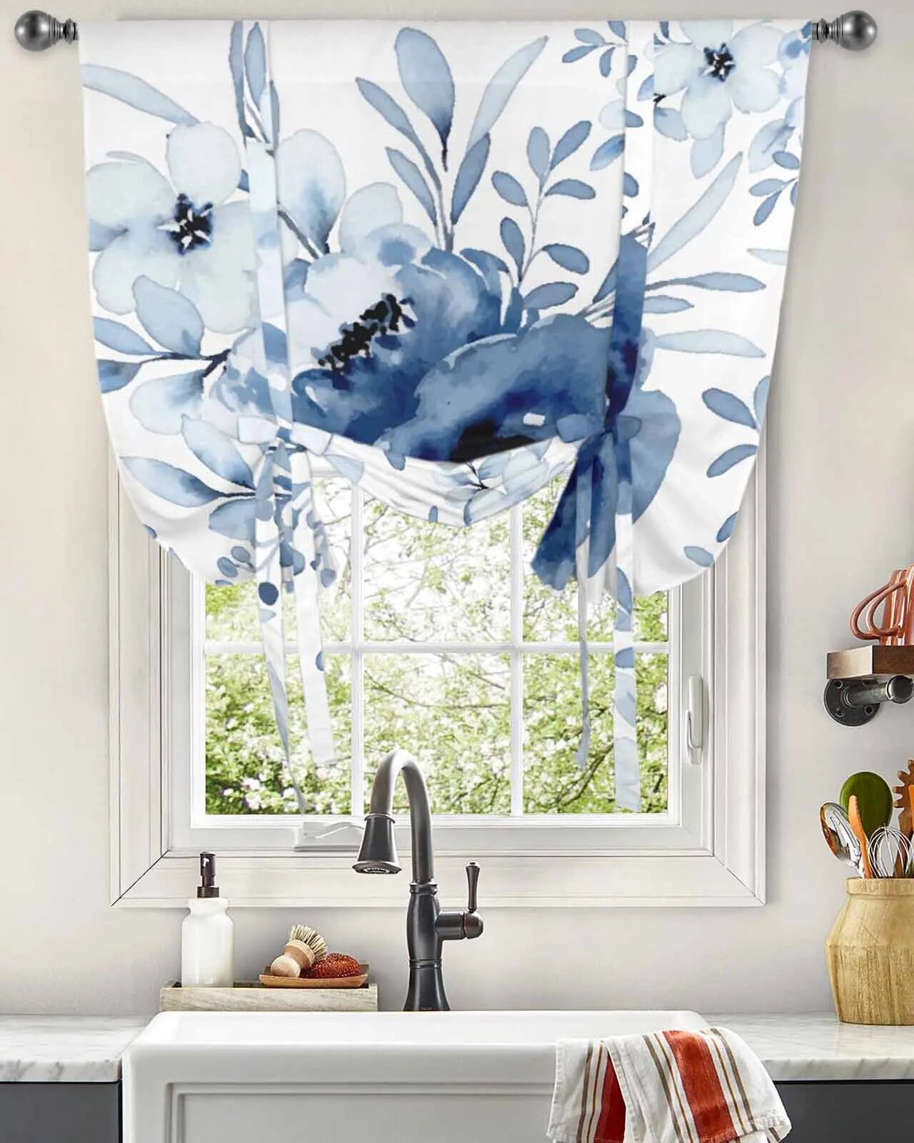 Pastoral Plants Flowers Window Curtain for Living Room Adjustable Curtains for Kitchen Cafe Tie ...