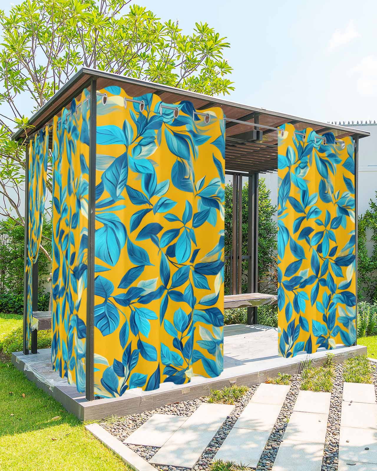 Pastoral Plants Outdoor Curtains for Patio, Blue Leaves Simple Yellow ...