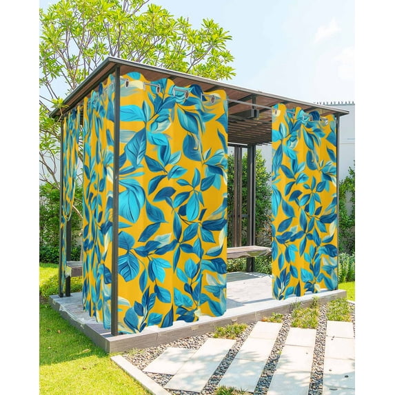 Pastoral Plants Outdoor Curtains for Patio, Blue Leaves Simple Yellow ...