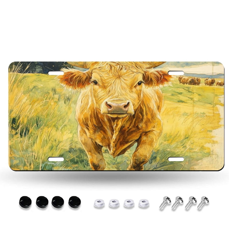 Pastoral Print Of Watercolor Highland Cow License Plate Frame ...