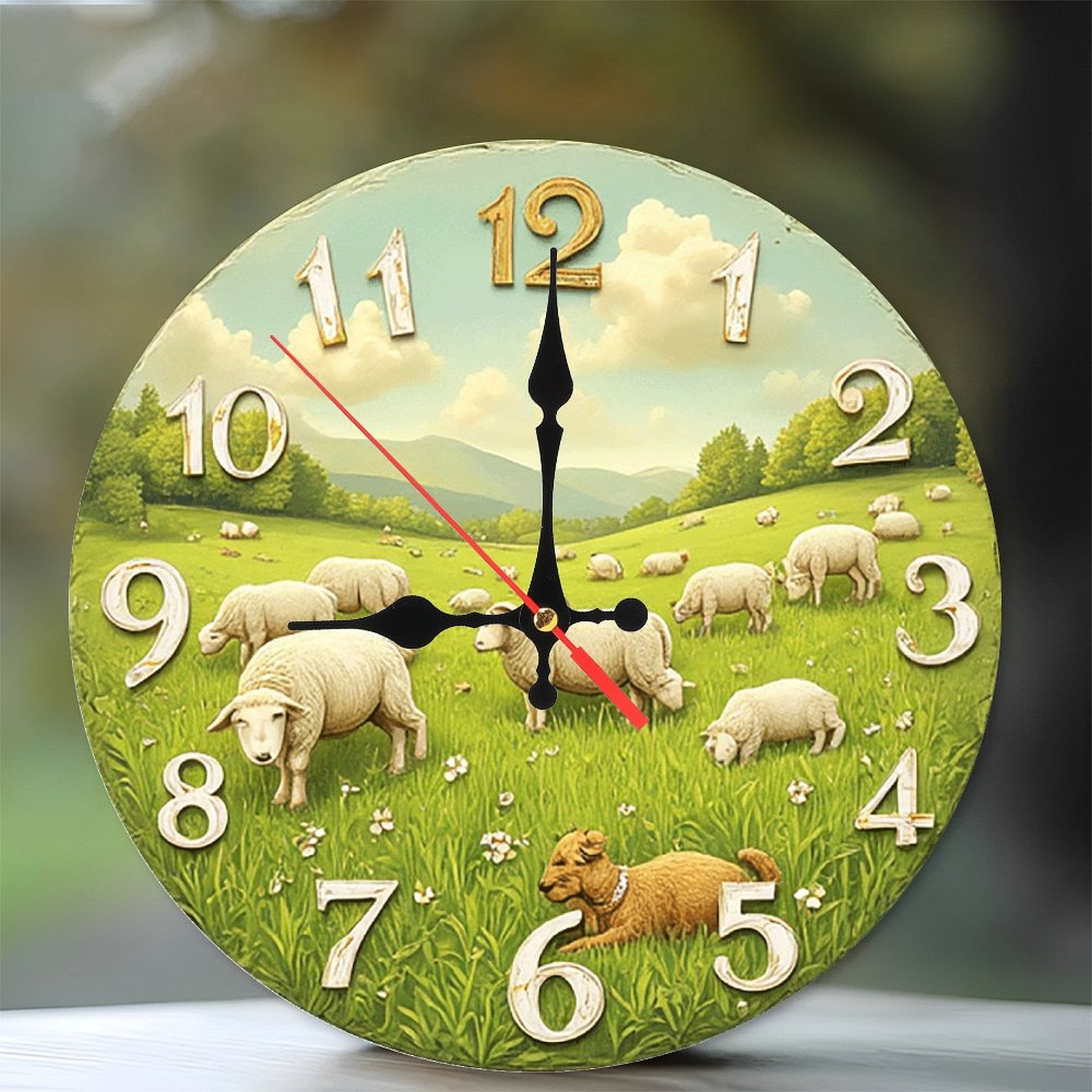 Pastoral Sheep Meadow Wall Clock 10-Inch Silent Wooden Wall Clock ...