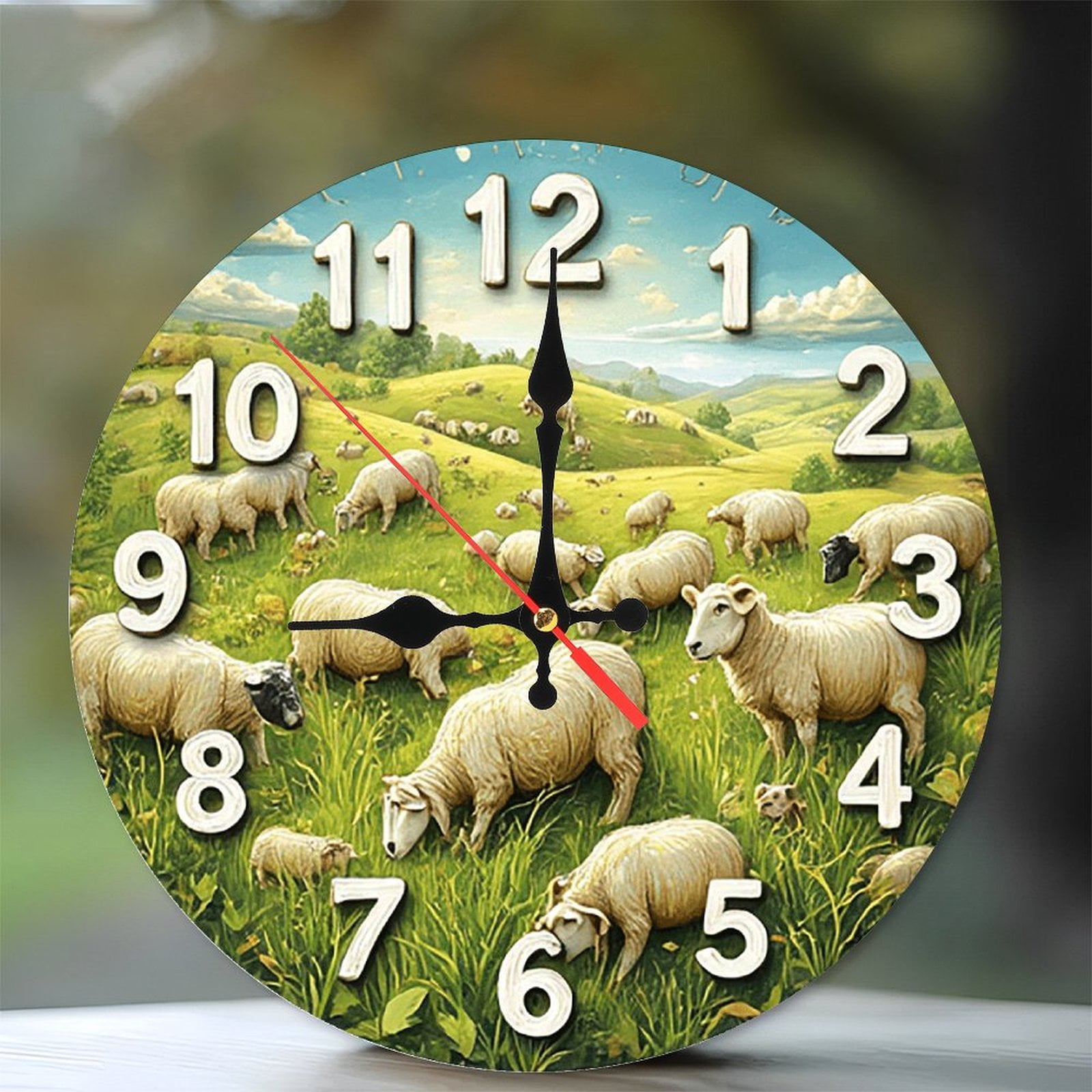 Pastoral Sheep Wall Clock Farm Animals Home Decor 10-Inch Silent Wooden ...