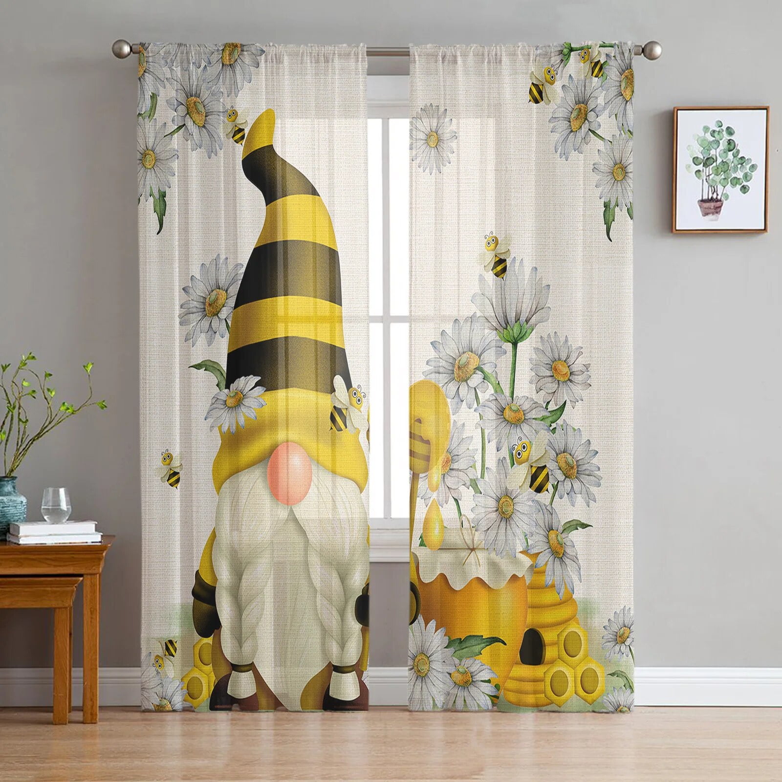 Pastoral Spring Bee Daisy Gnome Sheer Window Curtains for Living Room ...