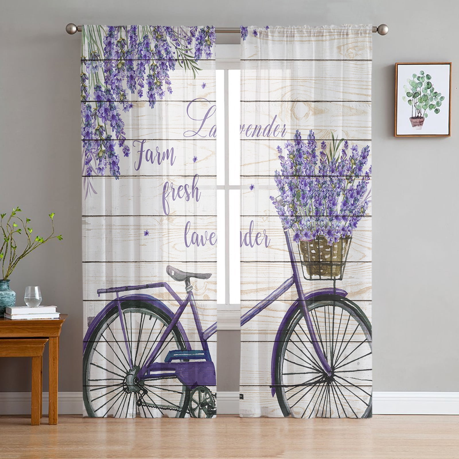 Pastoral Style Lavender Bicycle Wood Plank Texture Tulle Sheer Window ...