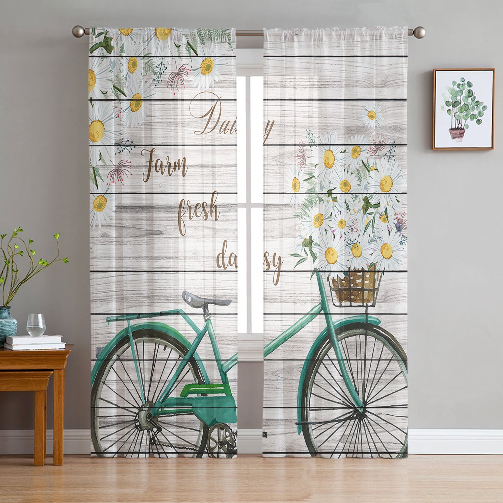 Pastoral Style Lavender Bicycle Wood Plank Texture Voile Tulle Sheer ...
