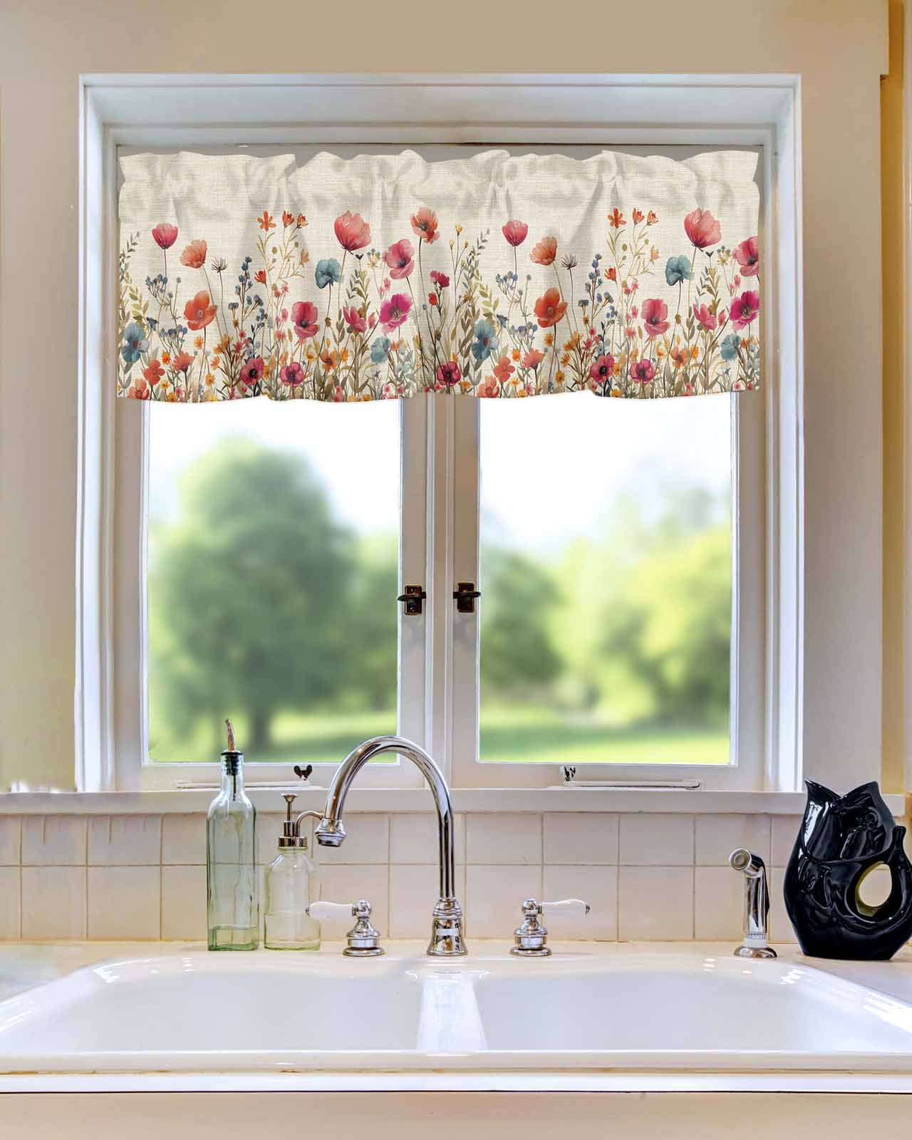 Pastoral Style Red Flower Field Window Valances for Kitchen,Rod Pocket ...