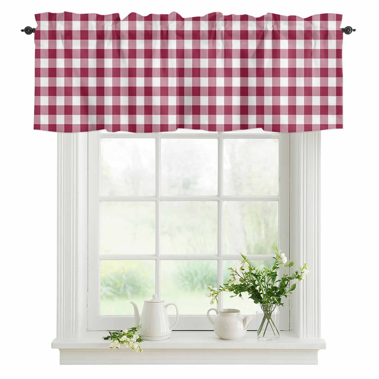Pastoral Style Valances for Windows, Wine Red Plaid Valance Rod Pocket ...