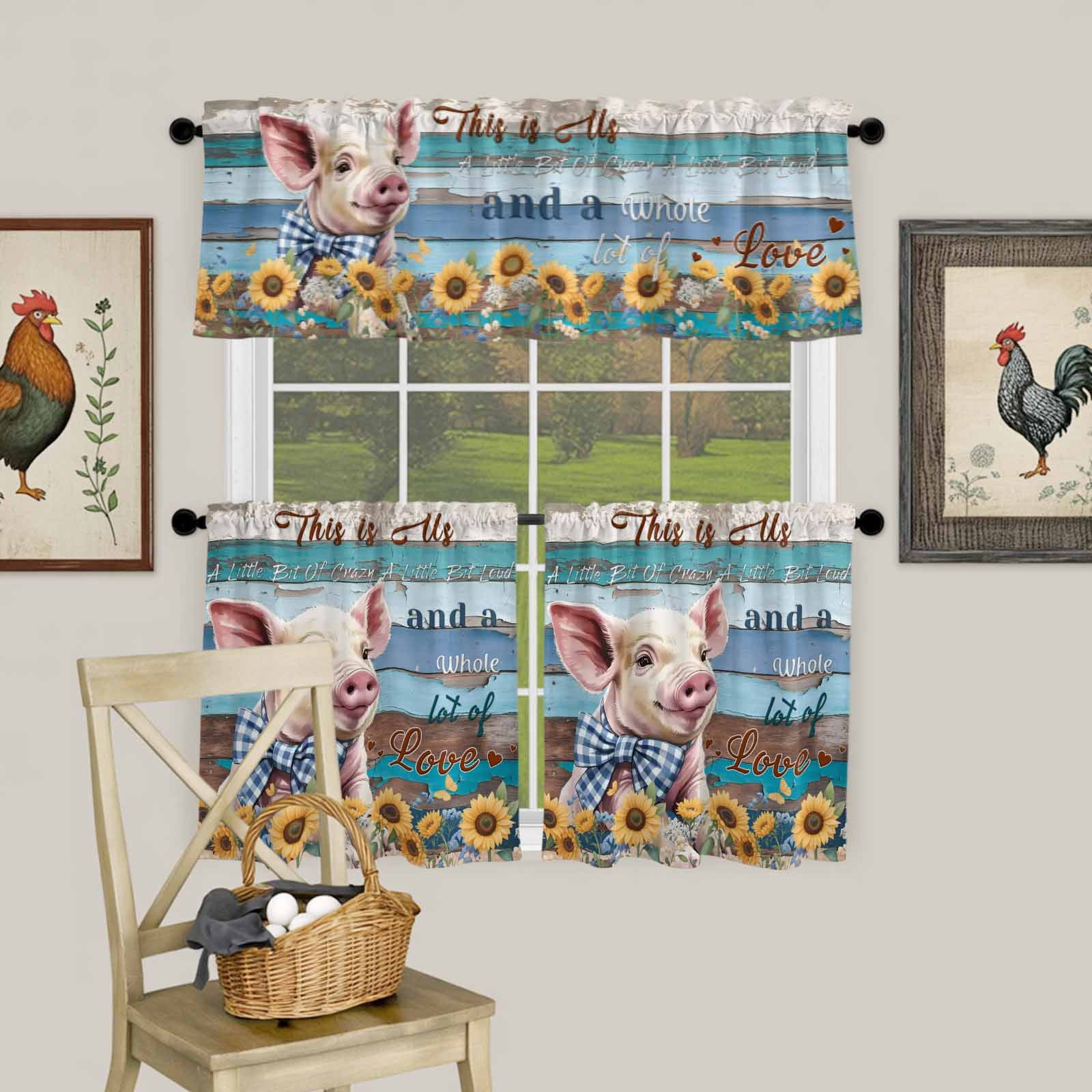 Pastoral Sunflower Farm Pig Curtain Tier and Valance Set 3 Piece ...