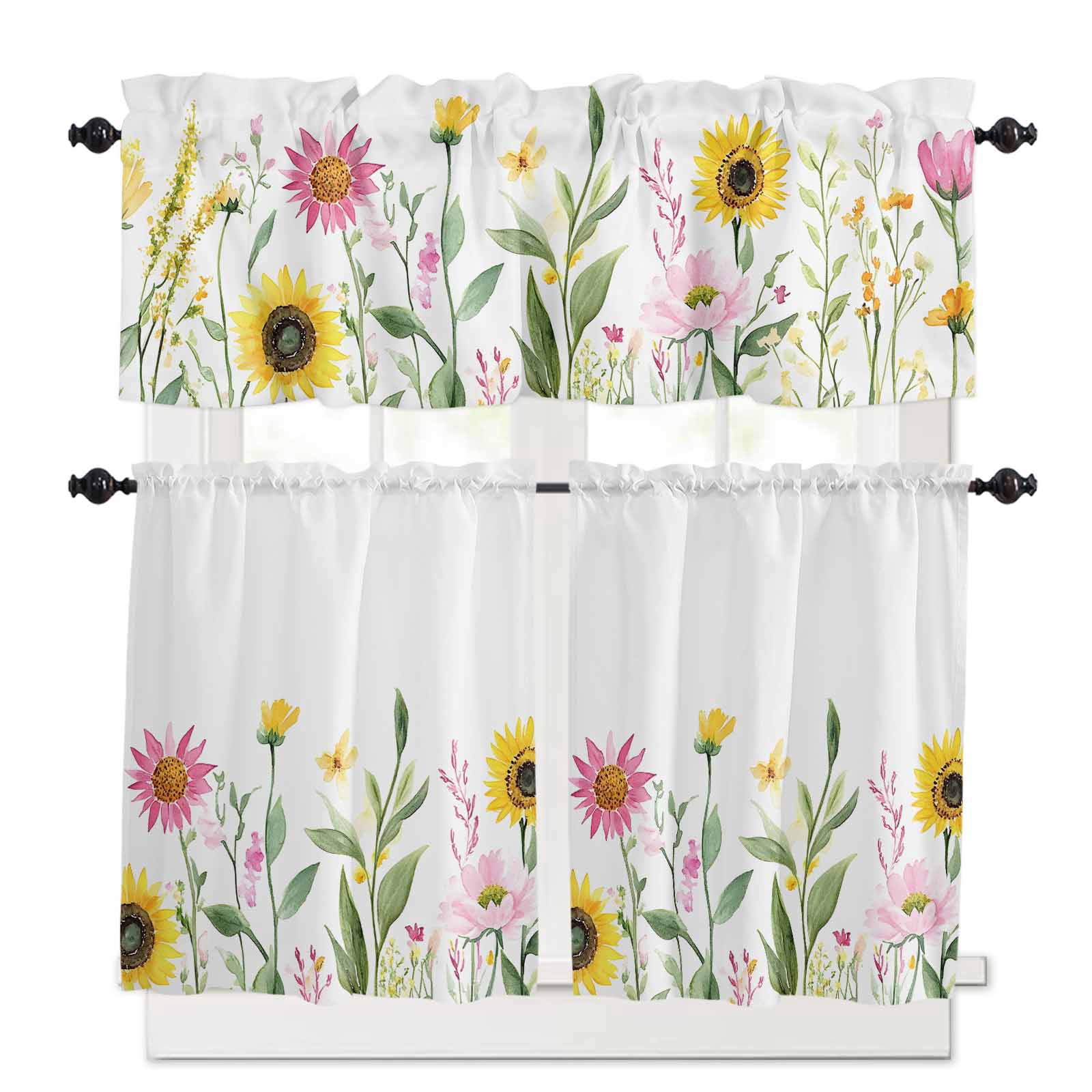 Pastoral Sunflower Kitchen Curtains and Valances Set, Farmhouse Flowers ...