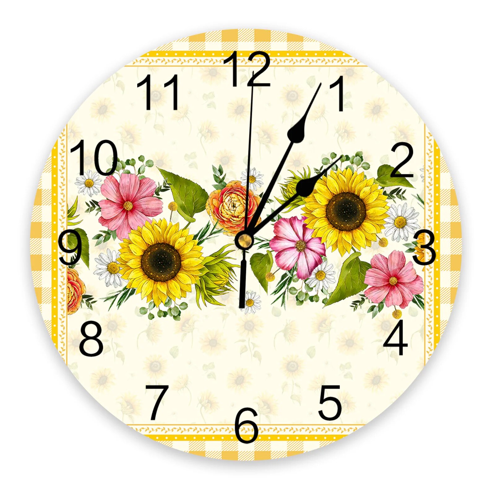 Pastoral Sunflower Plaid Wall Clocks Silent Home Cafe Office Wall Decor ...