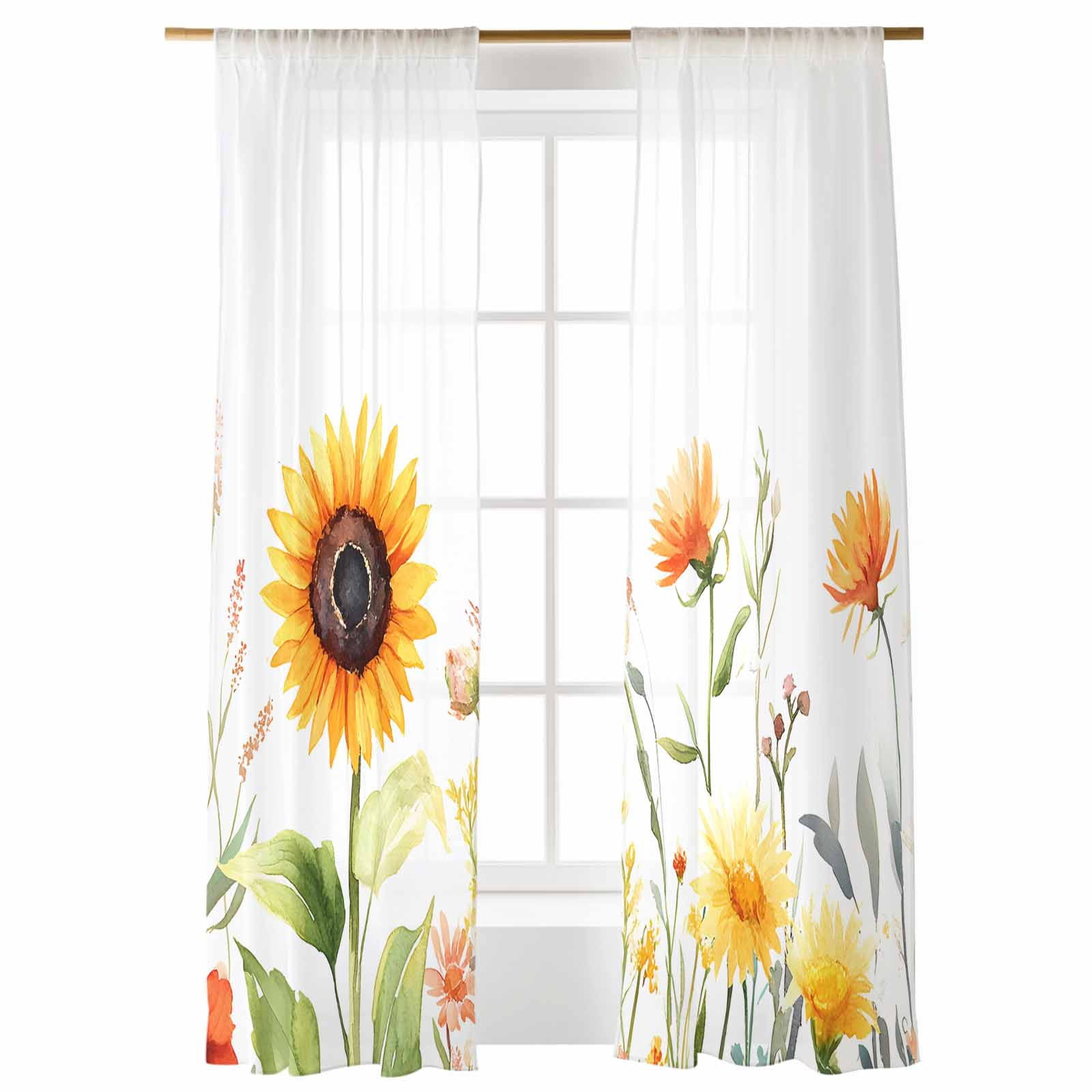 Pastoral Sunflowers Sheer Curtains 108 inches Long 2 Panels Set ...