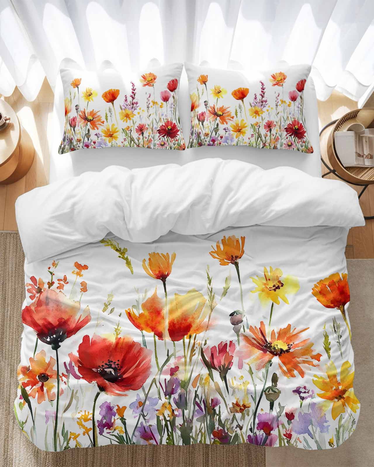Pastoral Wild Flowers Bedding Duvet Cover Set Full Size 4 Pieces Floral ...