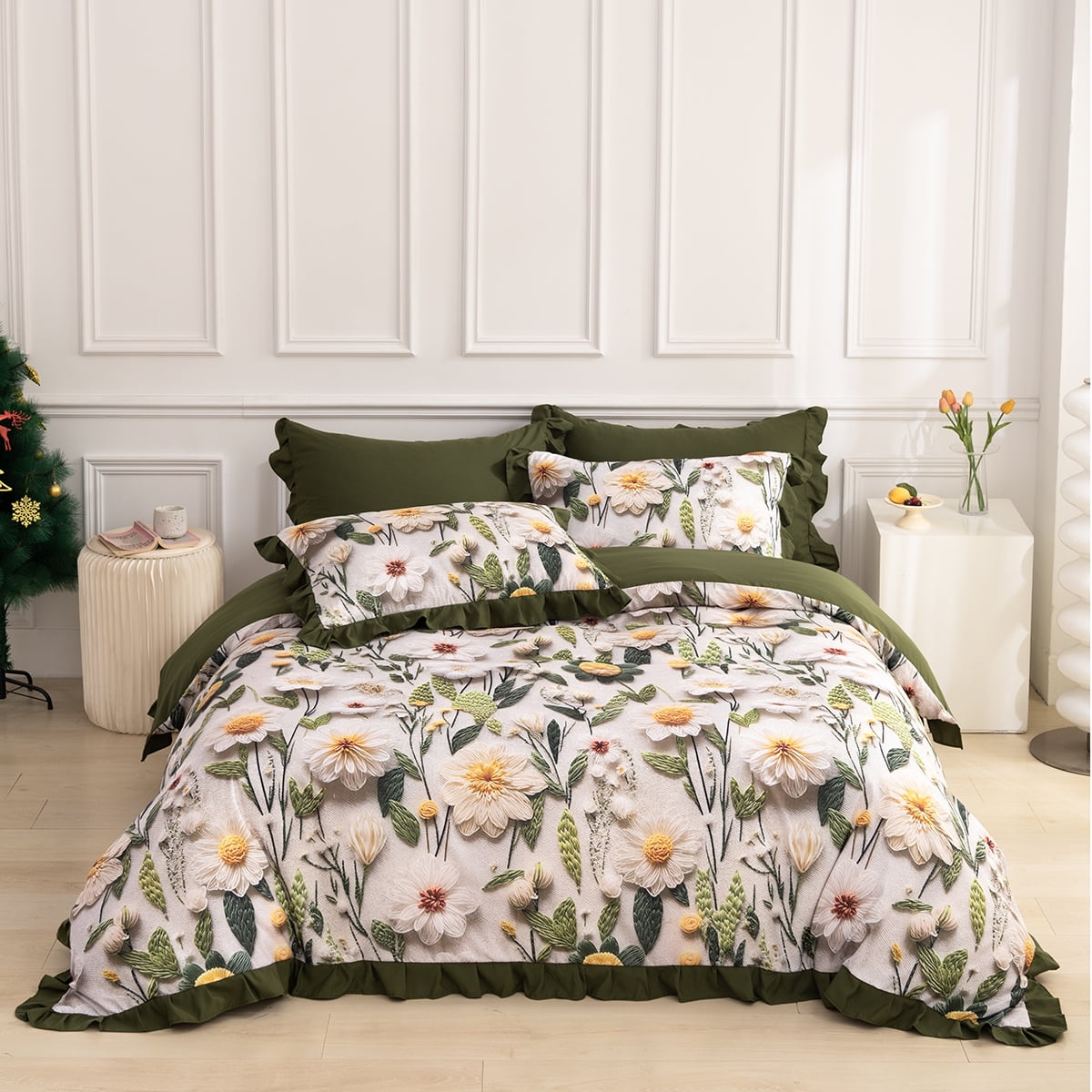 Pastoral style three-piece flower set | Dark green ruffles + beige ...