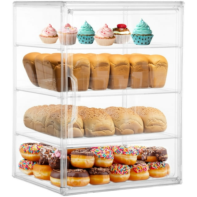 Pastry Display Case, 4-Layer Clear Bread Box with Adsorbent Door, Large ...