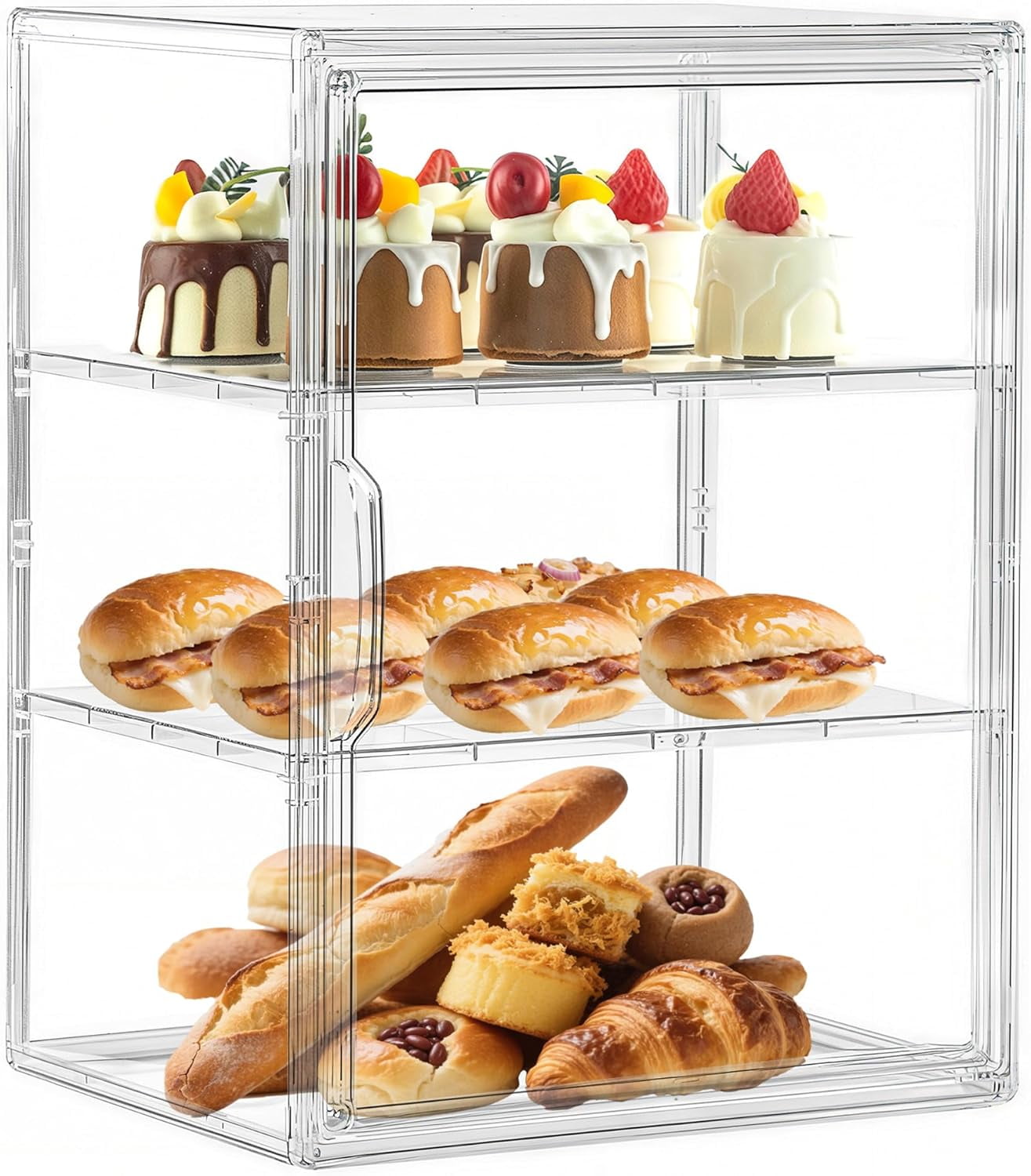 Pastry Display Case, Large Bread Box for Kitchen Countertop, 3 Layers Adjustable Clear Bread ...