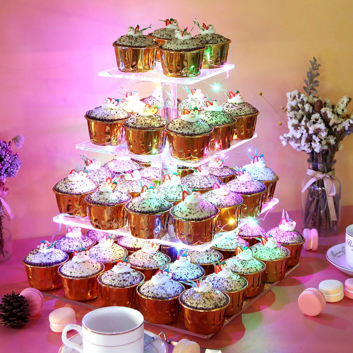 VDOMUS 4 Tier Cupcake Holder Stand, Acrylic Display with LED String ...