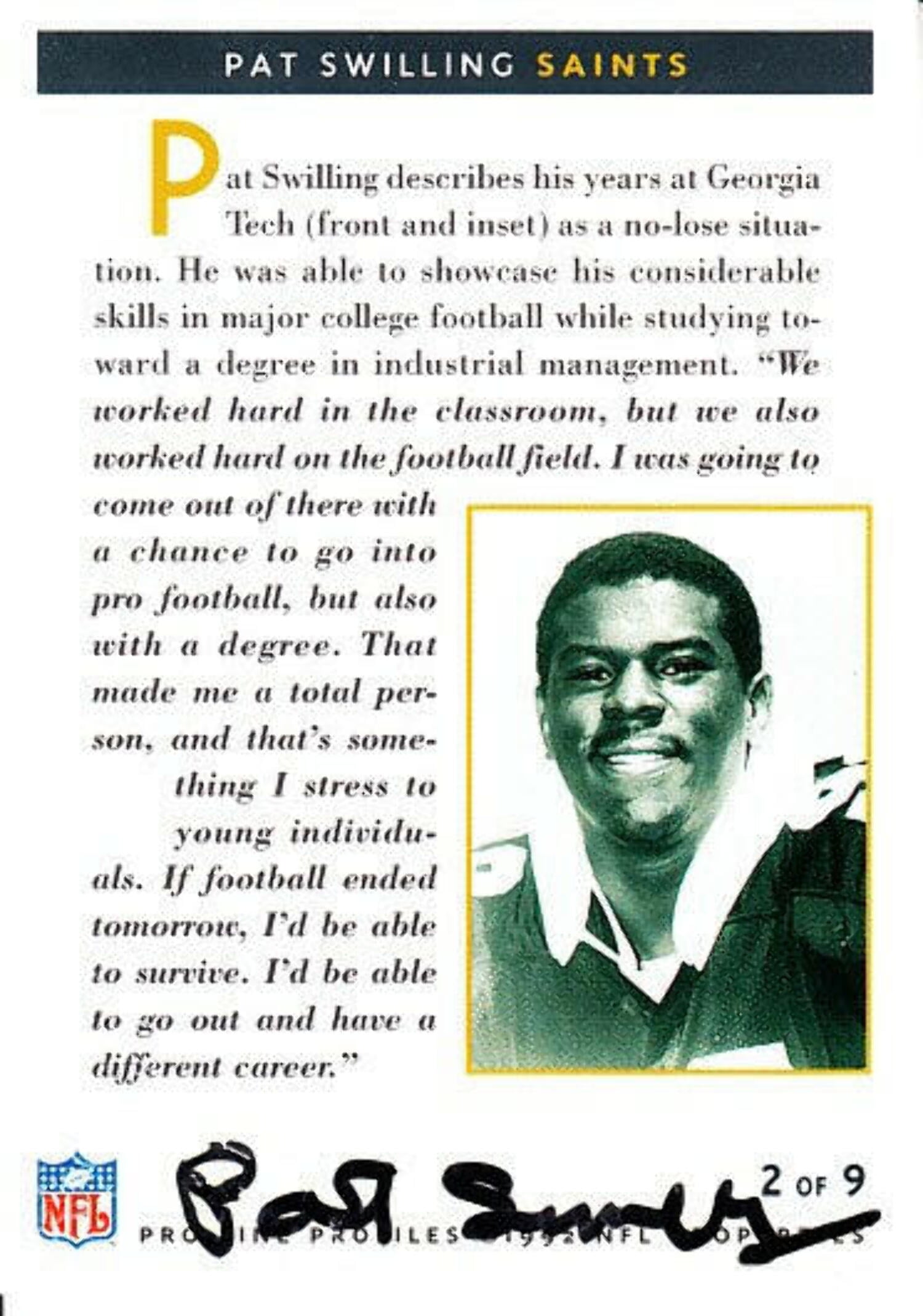 Pat Swilling certified autograph Georgia Tech 1992 Pro Line Profiles ...