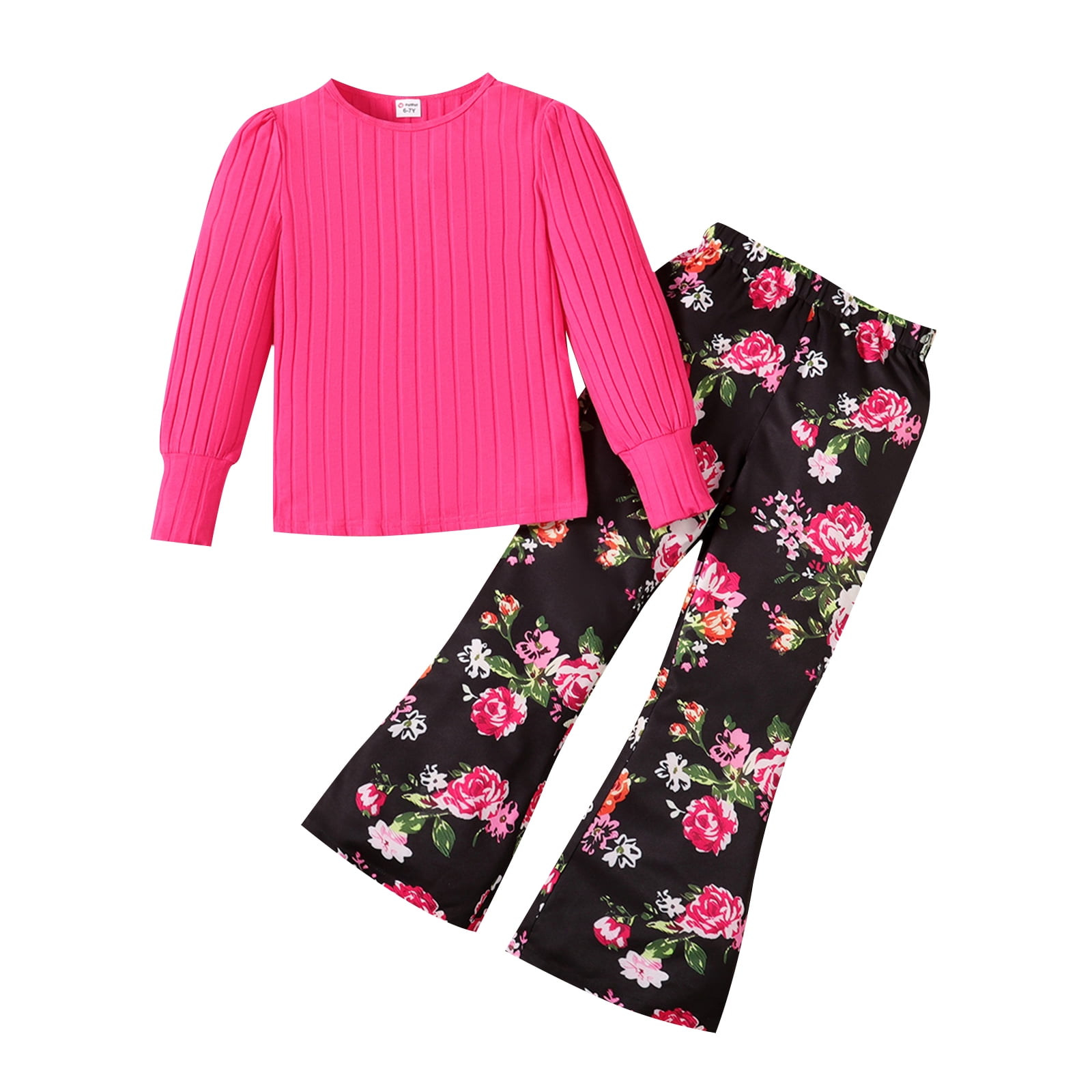 PatPat 2 Pieces Girls Cotton Outfit Set Ribbed Long Sleeve Top and ...