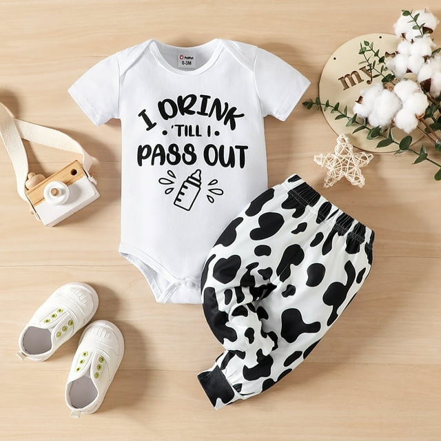 PatPat 2pcs Baby Girl/Boy 95% Cotton Letter Print Short-sleeve Bodysuit and Cow Print Pants Set ...