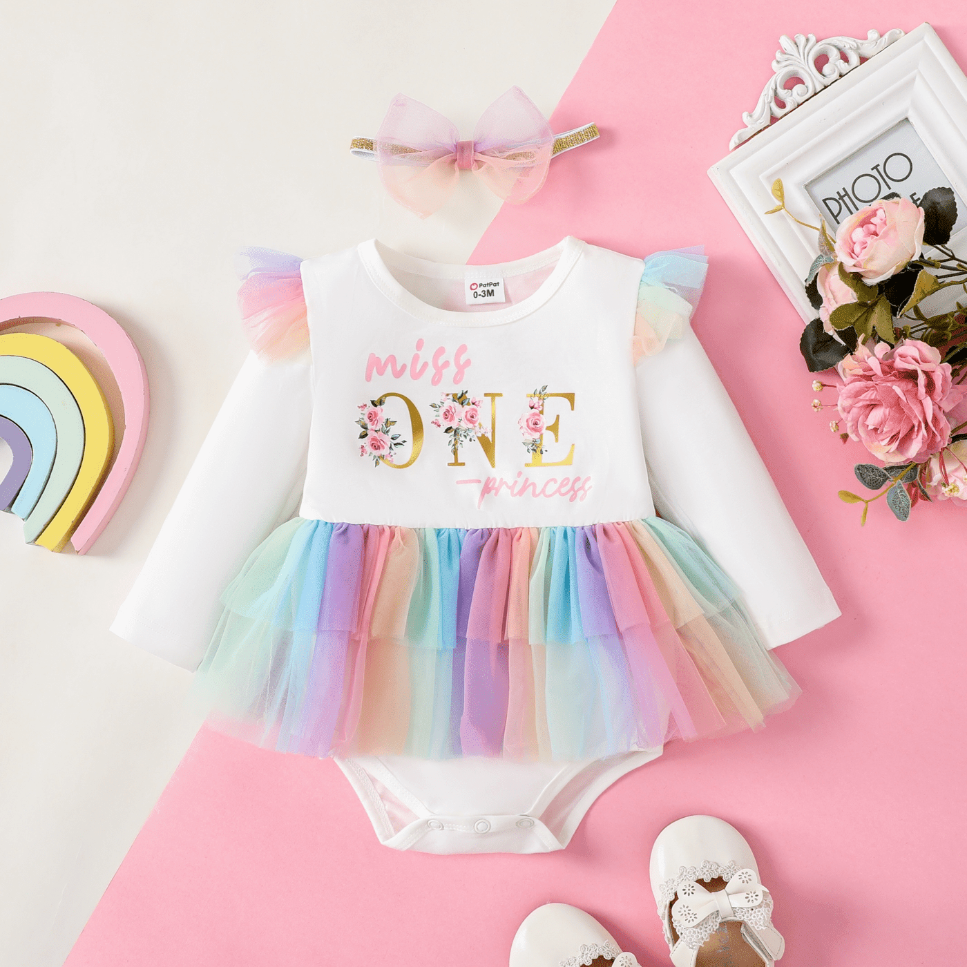 PatPat 2pcs Baby Girl Naia Sweet Letter Patten Mesh Ruffle Romper Set ...