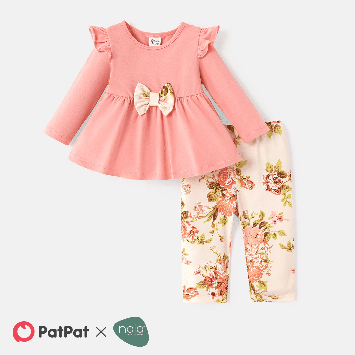 PatPat 2pcs Baby Girl Solid Cotton Ruffle Trim Bow Front Long-sleeve ...